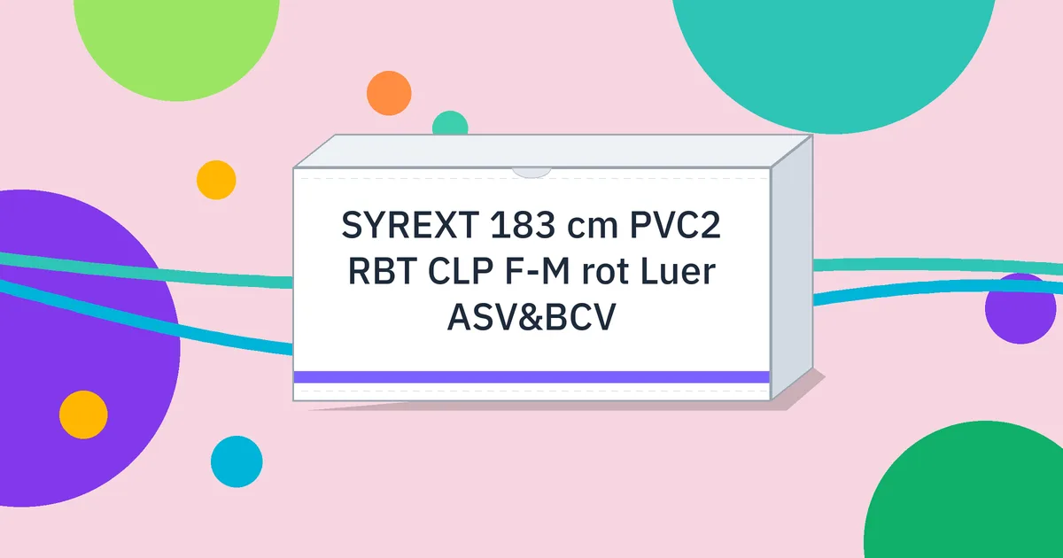 Symbolbild: Packung mit der Aufschrift SYREXT 183 cm PVC2 RBT CLP F-M rot Luer ASV&BCV (PZN 17897684) – Verfügbarkeit und Bezug in Apotheken in Frankfurt am Main