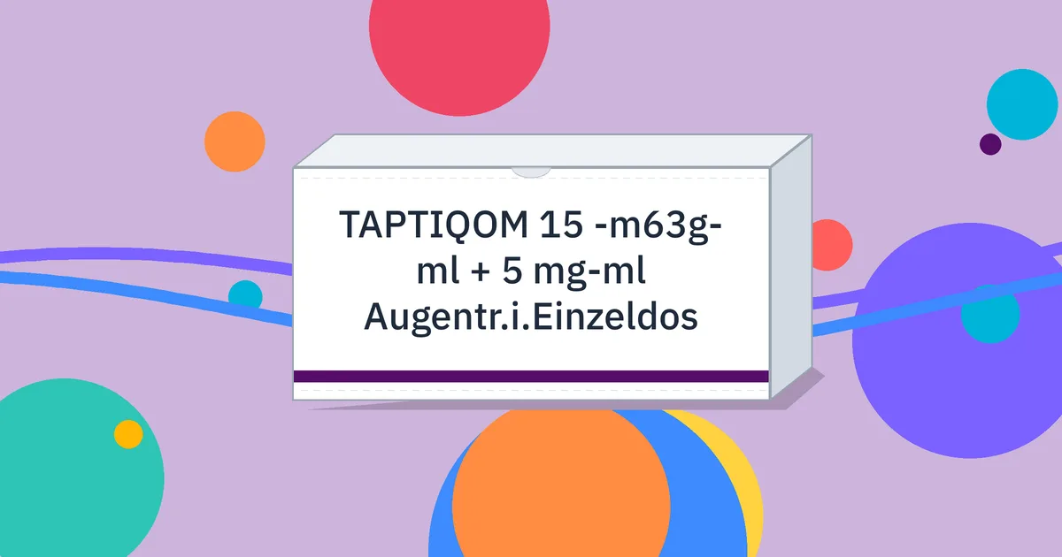 Symbolbild: Packung mit der Aufschrift TAPTIQOM 15 -m63g-ml + 5 mg-ml Augentr.i.Einzeldos (PZN 18733849) – Verfügbarkeit und Bezug in Apotheken in Frankfurt am Main