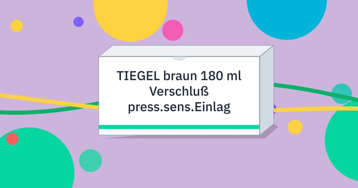 Symbolbild: Packung mit der Aufschrift TIEGEL braun 180 ml Verschluß press.sens.Einlag (PZN 20796277) – Verfügbarkeit und Bezug in Apotheken in Frankfurt am Main