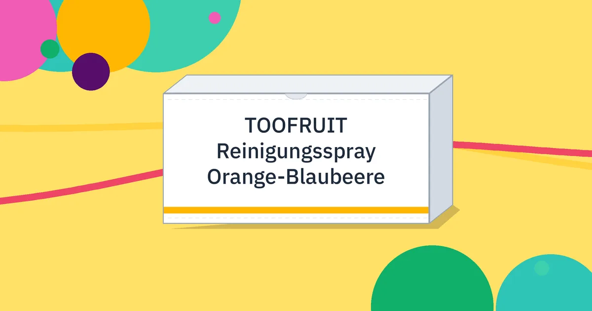 Symbolbild: Packung mit der Aufschrift TOOFRUIT Reinigungsspray Orange-Blaubeere (PZN 19387450) – Verfügbarkeit und Bezug in Apotheken in Frankfurt am Main