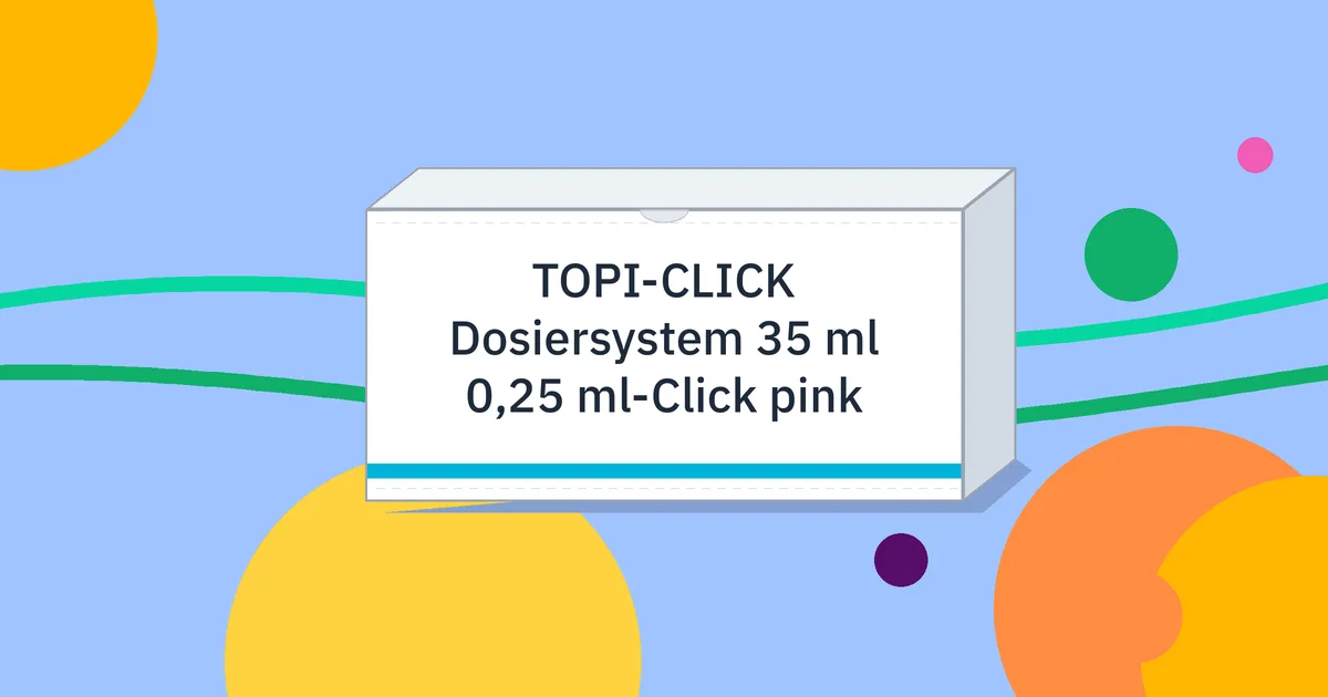 Symbolbild: Packung mit der Aufschrift TOPI-CLICK Dosiersystem 35 ml 0,25 ml-Click pink (PZN 16226947) – Verfügbarkeit und Bezug in Apotheken in Frankfurt am Main