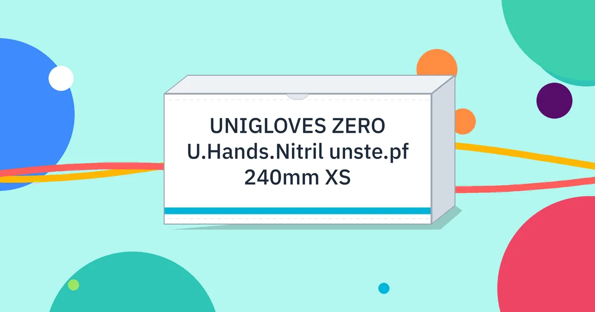 Symbolbild: Packung mit der Aufschrift UNIGLOVES ZERO U.Hands.Nitril unste.pf 240mm XS (PZN 20079110) – Verfügbarkeit und Bezug in Apotheken in Frankfurt am Main