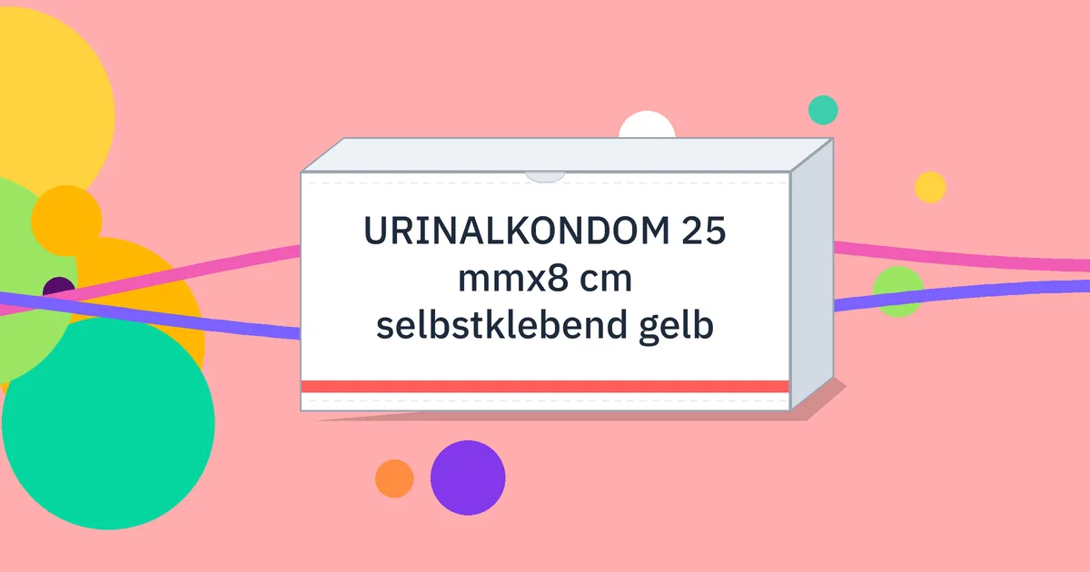 Symbolbild: Packung mit der Aufschrift URINALKONDOM 25 mmx8 cm selbstklebend gelb (PZN 09251821) – Verfügbarkeit und Bezug in Apotheken in Frankfurt am Main