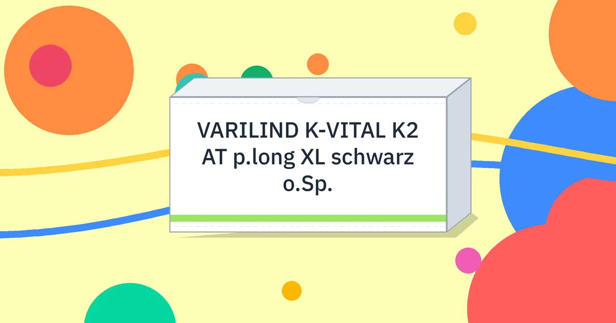 Symbolbild: Packung mit der Aufschrift VARILIND K-VITAL K2 AT p.long XL schwarz o.Sp. (PZN 20562266) – Verfügbarkeit und Bezug in Apotheken in Frankfurt am Main