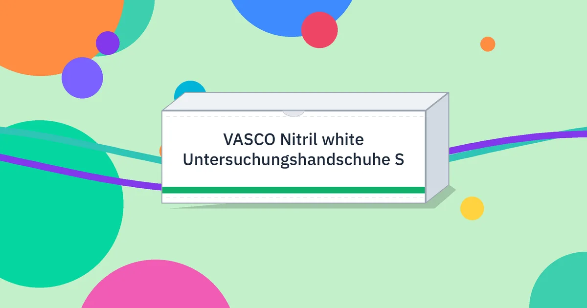 Symbolbild: Packung mit der Aufschrift VASCO Nitril white Untersuchungshandschuhe S (PZN 07789338) – Verfügbarkeit und Bezug in Apotheken in Frankfurt am Main