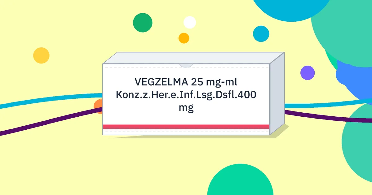 Symbolbild: Packung mit der Aufschrift VEGZELMA 25 mg-ml Konz.z.Her.e.Inf.Lsg.Dsfl.400 mg (PZN 19365419) – Verfügbarkeit und Bezug in Apotheken in Frankfurt am Main