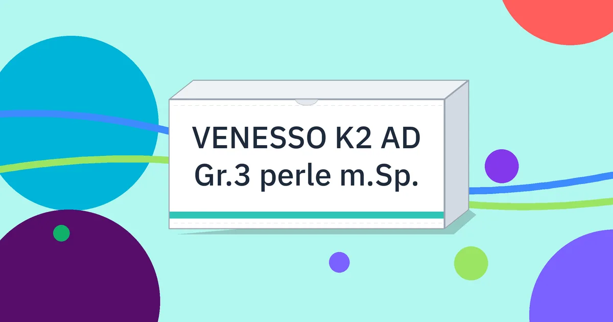 Symbolbild: Packung mit der Aufschrift VENESSO K2 AD Gr.3 perle m.Sp. (PZN 03257030) – Verfügbarkeit und Bezug in Apotheken in Frankfurt am Main