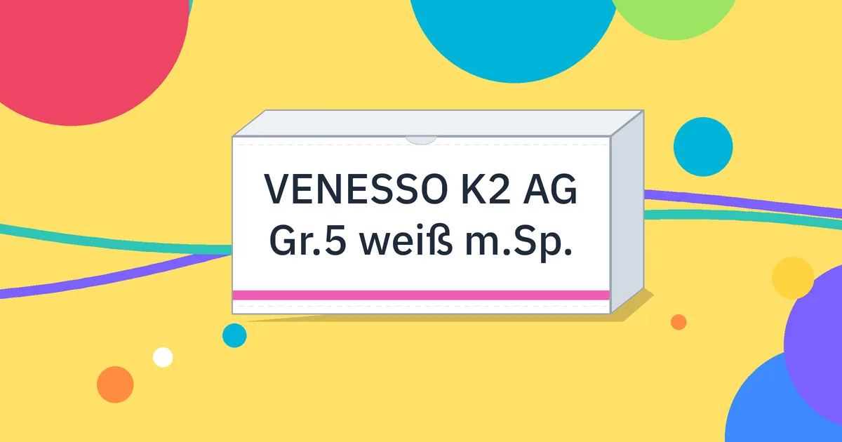Symbolbild: Packung mit der Aufschrift VENESSO K2 AG Gr.5 weiß m.Sp. (PZN 03278374) – Verfügbarkeit und Bezug in Apotheken in Frankfurt am Main