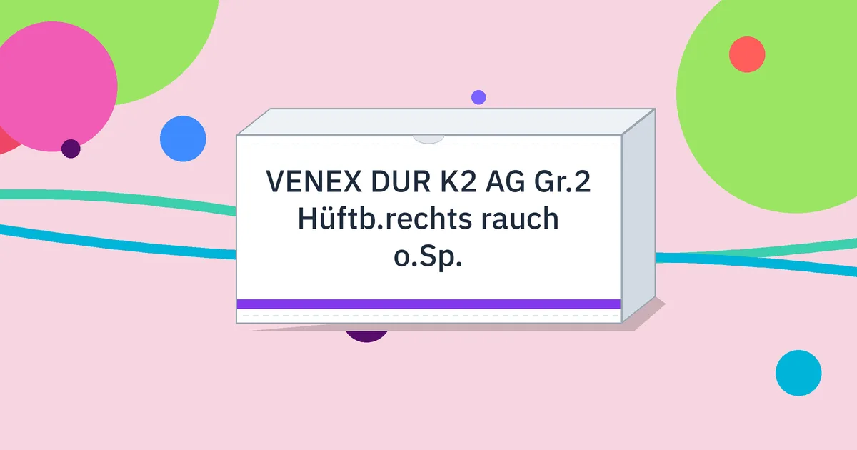 Symbolbild: Packung mit der Aufschrift VENEX DUR K2 AG Gr.2 Hüftb.rechts rauch o.Sp. (PZN 03231504) – Verfügbarkeit und Bezug in Apotheken in Frankfurt am Main