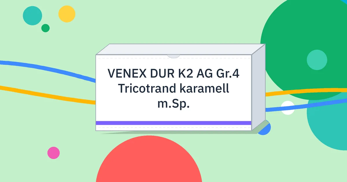 Symbolbild: Packung mit der Aufschrift VENEX DUR K2 AG Gr.4 Tricotrand karamell m.Sp. (PZN 13762823) – Verfügbarkeit und Bezug in Apotheken in Frankfurt am Main