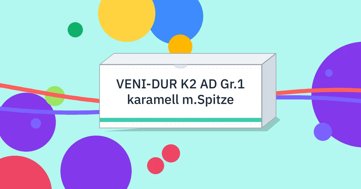Symbolbild: Packung mit der Aufschrift VENI-DUR K2 AD Gr.1 karamell m.Spitze (PZN 13756171) – Verfügbarkeit und Bezug in Apotheken in Frankfurt am Main
