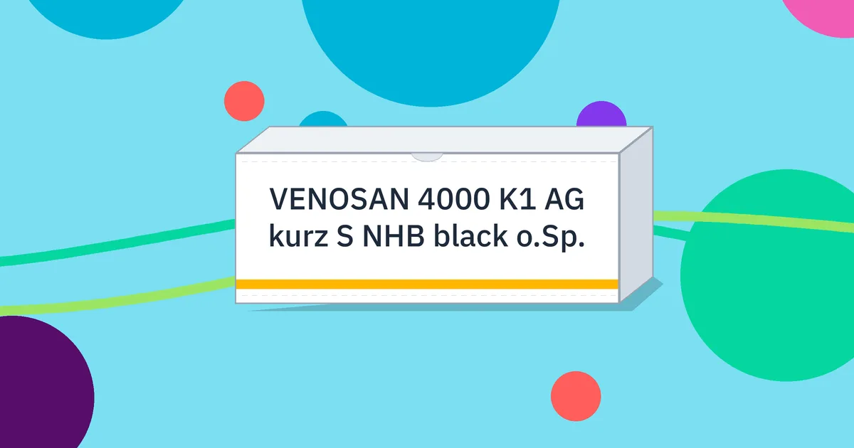 Symbolbild: Packung mit der Aufschrift VENOSAN 4000 K1 AG kurz S NHB black o.Sp. (PZN 14427021) – Verfügbarkeit und Bezug in Apotheken in Frankfurt am Main