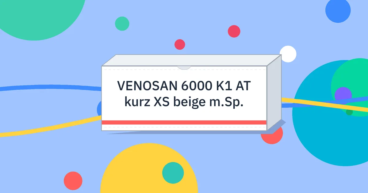 Symbolbild: Packung mit der Aufschrift VENOSAN 6000 K1 AT kurz XS beige m.Sp. (PZN 17171958) – Verfügbarkeit und Bezug in Apotheken in Frankfurt am Main