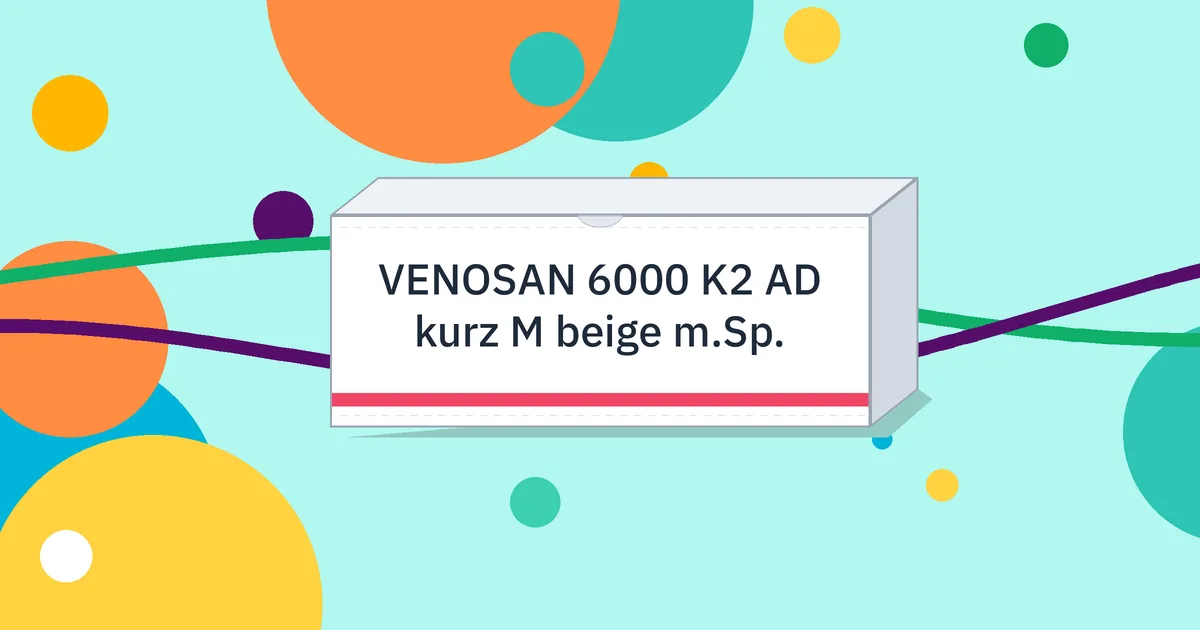 Symbolbild: Packung mit der Aufschrift VENOSAN 6000 K2 AD kurz M beige m.Sp. (PZN 17172337) – Verfügbarkeit und Bezug in Apotheken in Frankfurt am Main