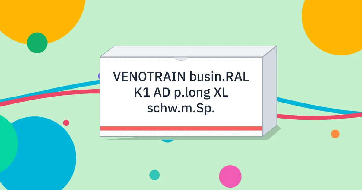 Symbolbild: Packung mit der Aufschrift VENOTRAIN busin.RAL K1 AD p.long XL schw.m.Sp. (PZN 06948757) – Verfügbarkeit und Bezug in Apotheken in Frankfurt am Main