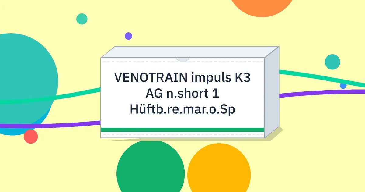 Symbolbild: Packung mit der Aufschrift VENOTRAIN impuls K3 AG n.short 1 Hüftb.re.mar.o.Sp (PZN 15217811) – Verfügbarkeit und Bezug in Apotheken in Frankfurt am Main