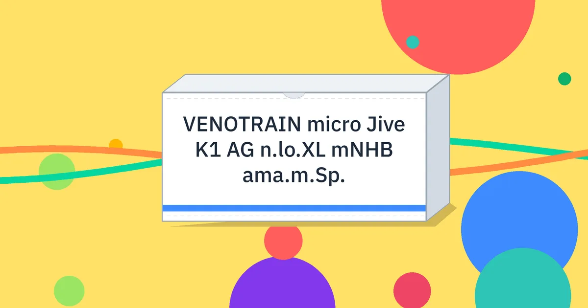 Symbolbild: Packung mit der Aufschrift VENOTRAIN micro Jive K1 AG n.lo.XL mNHB ama.m.Sp. (PZN 17759516) – Verfügbarkeit und Bezug in Apotheken in Frankfurt am Main