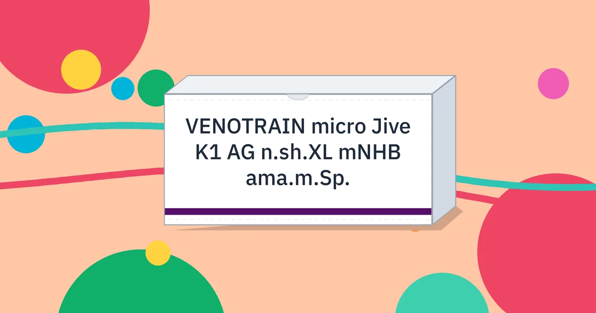 Symbolbild: Packung mit der Aufschrift VENOTRAIN micro Jive K1 AG n.sh.XL mNHB ama.m.Sp. (PZN 17759462) – Verfügbarkeit und Bezug in Apotheken in Frankfurt am Main