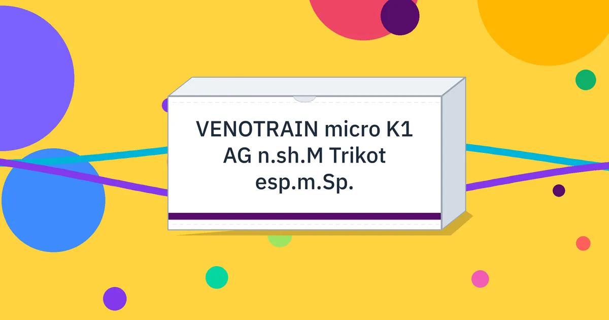 Symbolbild: Packung mit der Aufschrift VENOTRAIN micro K1 AG n.sh.M Trikot esp.m.Sp. (PZN 05711148) – Verfügbarkeit und Bezug in Apotheken in Frankfurt am Main