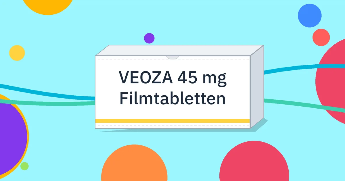 Symbolbild: Packung mit der Aufschrift VEOZA 45 mg Filmtabletten (PZN 18821803) – Verfügbarkeit und Bezug in Apotheken in Frankfurt am Main
