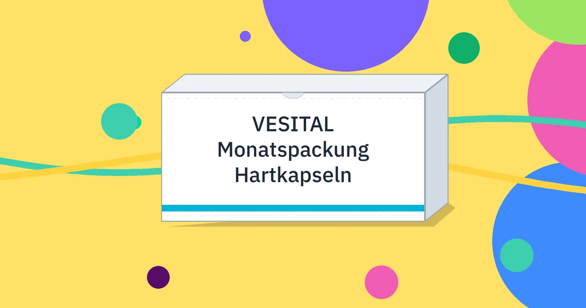 Symbolbild: Packung mit der Aufschrift VESITAL Monatspackung Hartkapseln (PZN 16202651) – Verfügbarkeit und Bezug in Apotheken in Frankfurt am Main