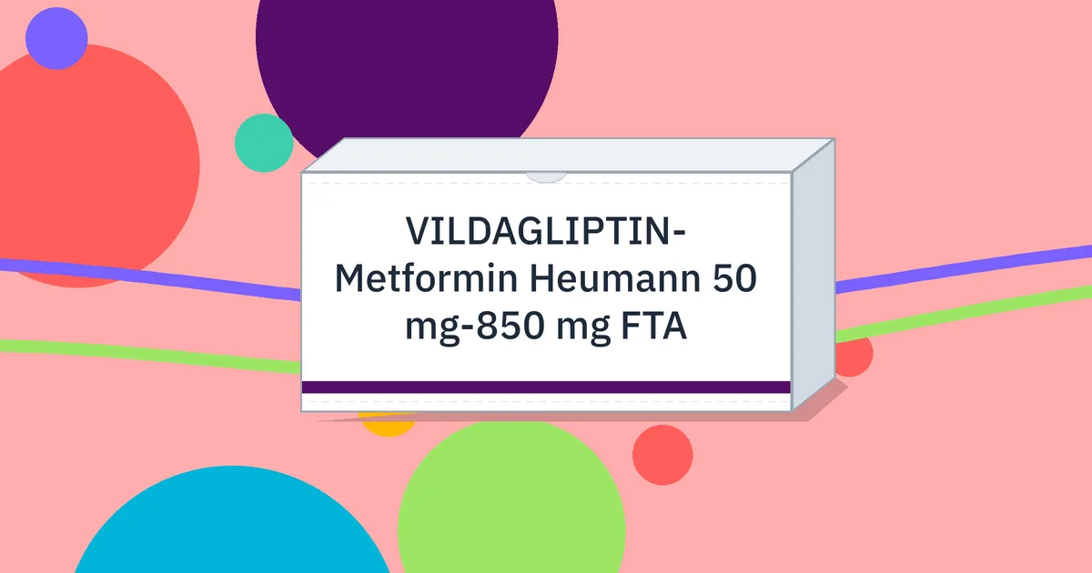 Symbolbild: Packung mit der Aufschrift VILDAGLIPTIN-Metformin Heumann 50 mg-850 mg FTA (PZN 17367437) – Verfügbarkeit und Bezug in Apotheken in Frankfurt am Main
