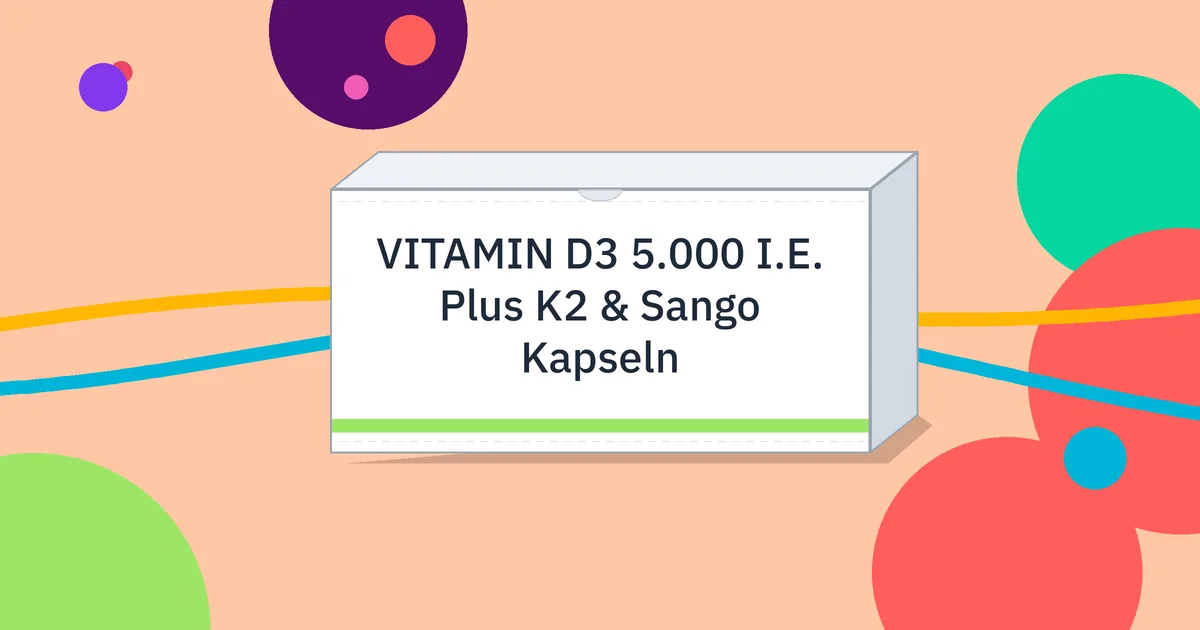 Symbolbild: Packung mit der Aufschrift VITAMIN D3 5.000 I.E. Plus K2 & Sango Kapseln (PZN 15737054) – Verfügbarkeit und Bezug in Apotheken in Frankfurt am Main