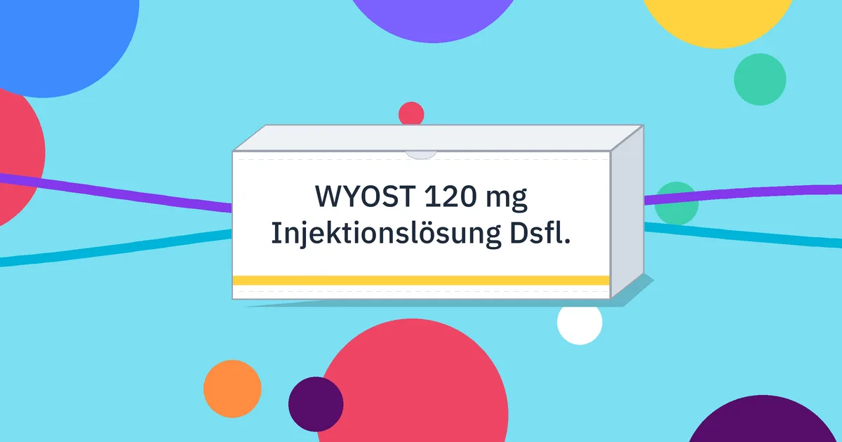 Symbolbild: Packung mit der Aufschrift WYOST 120 mg Injektionslösung Dsfl. (PZN 19282716) – Verfügbarkeit und Bezug in Apotheken in Frankfurt am Main