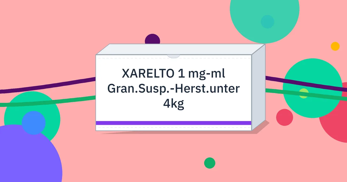 Symbolbild: Packung mit der Aufschrift XARELTO 1 mg-ml Gran.Susp.-Herst.unter 4kg (PZN 16155472) – Verfügbarkeit und Bezug in Apotheken in Frankfurt am Main