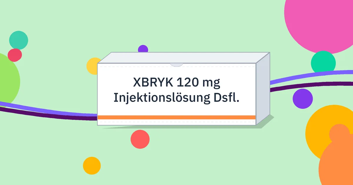 Symbolbild: Packung mit der Aufschrift XBRYK 120 mg Injektionslösung Dsfl. (PZN 19973768) – Verfügbarkeit und Bezug in Apotheken in Frankfurt am Main