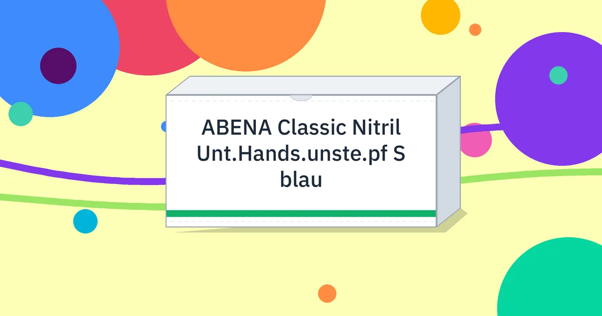 Symbolbild: Packung mit der Aufschrift ABENA Classic Nitril Unt.Hands.unste.pf S blau (PZN 16757685) – Verfügbarkeit und Bezug in Apotheken in Frankfurt am Main
