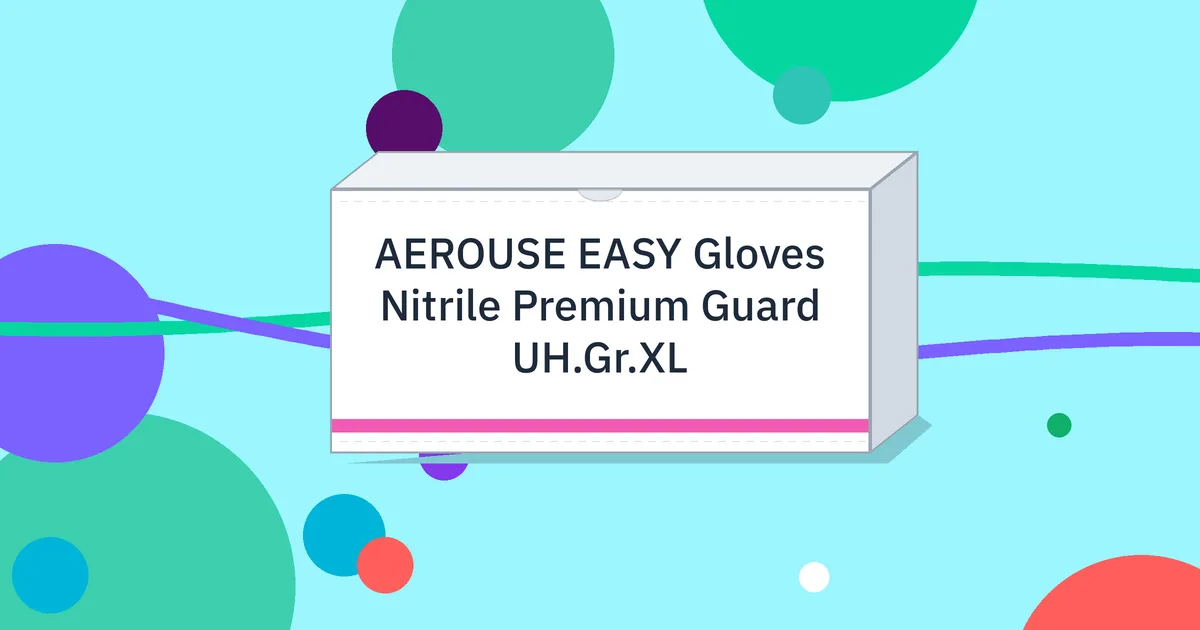 Symbolbild: Packung mit der Aufschrift AEROUSE EASY Gloves Nitrile Premium Guard UH.Gr.XL (PZN 11108077) – Verfügbarkeit und Bezug in Apotheken in Frankfurt am Main