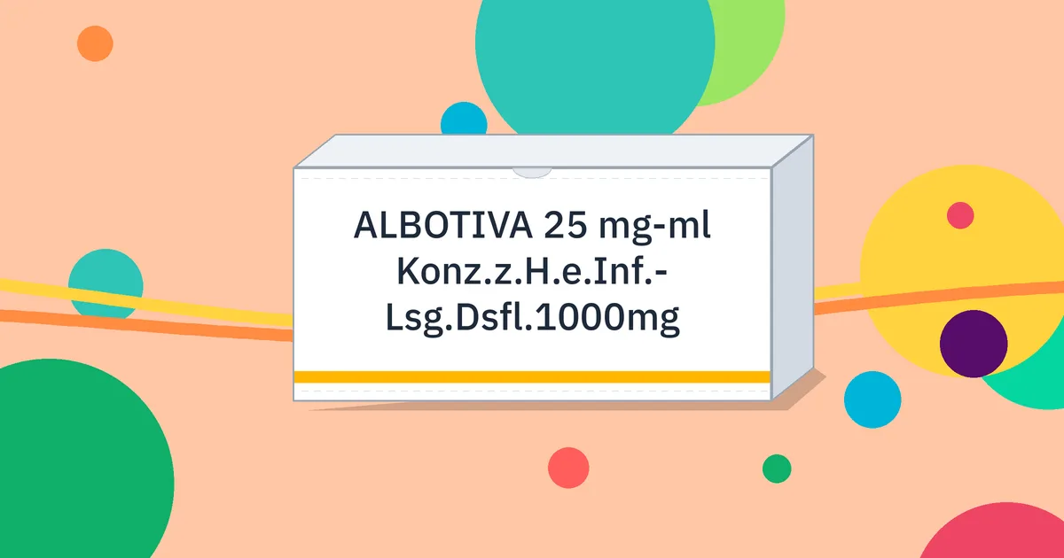 Symbolbild: Packung mit der Aufschrift ALBOTIVA 25 mg-ml Konz.z.H.e.Inf.-Lsg.Dsfl.1000mg (PZN 14409483) – Verfügbarkeit und Bezug in Apotheken in Frankfurt am Main