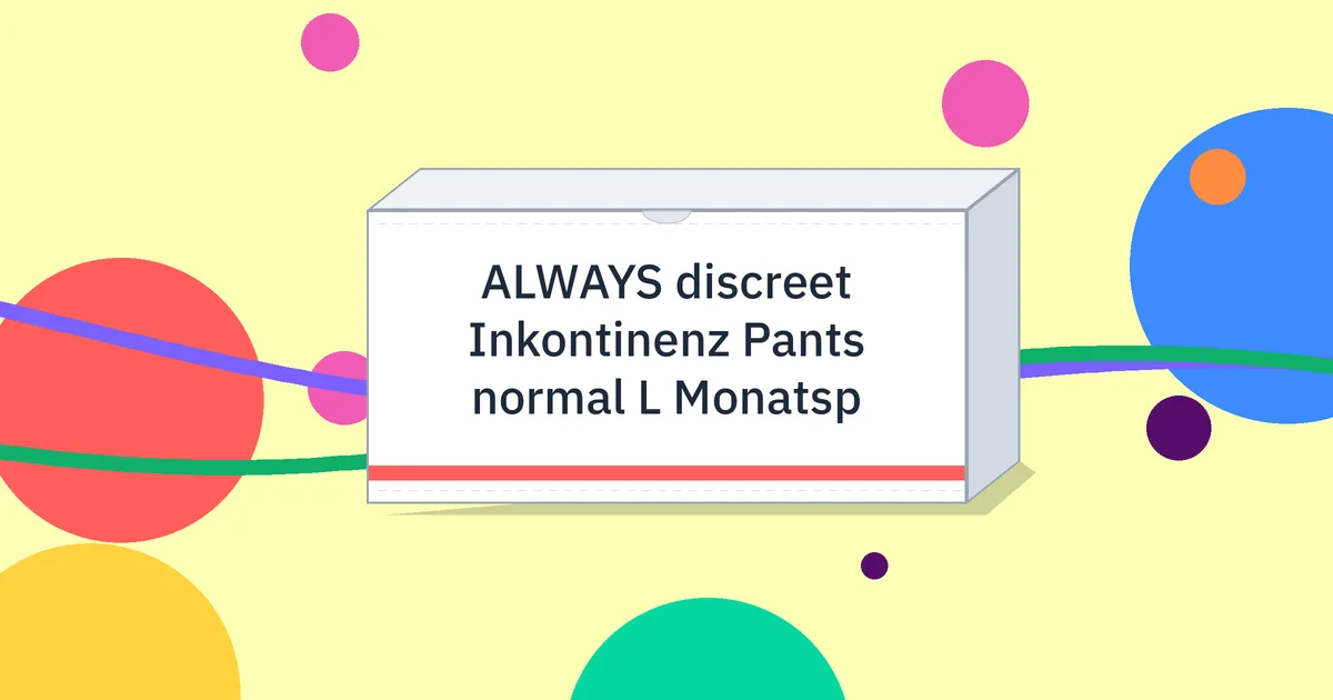 Symbolbild: Packung mit der Aufschrift ALWAYS discreet Inkontinenz Pants normal L Monatsp (PZN 17443003) – Verfügbarkeit und Bezug in Apotheken in Frankfurt am Main