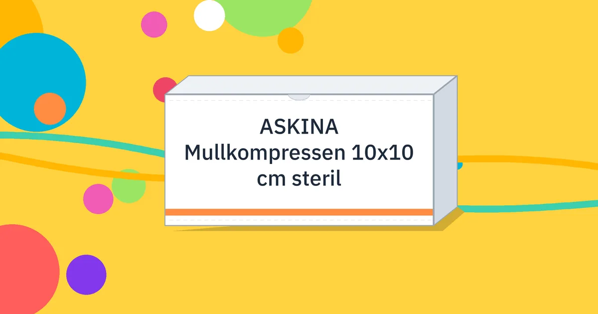 Symbolbild: Packung mit der Aufschrift ASKINA Mullkompressen 10x10 cm steril (PZN 19523611) – Verfügbarkeit und Bezug in Apotheken in Frankfurt am Main