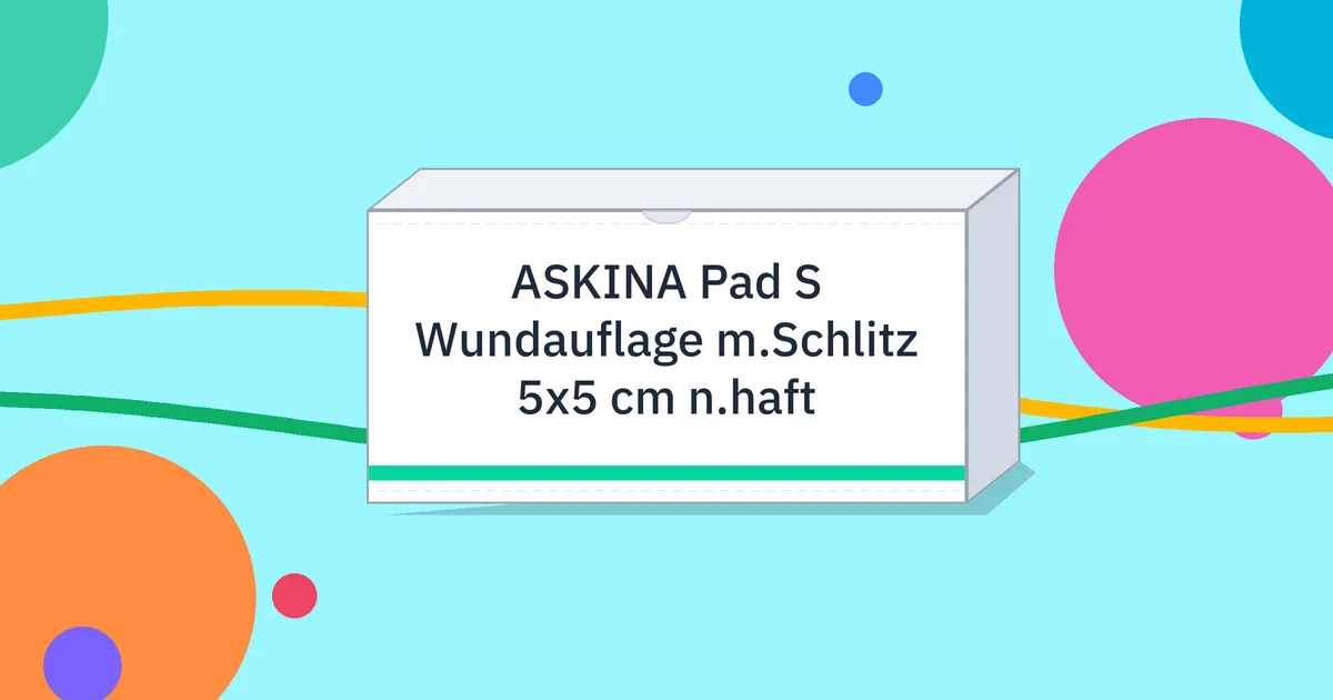 Symbolbild: Packung mit der Aufschrift ASKINA Pad S Wundauflage m.Schlitz 5x5 cm n.haft (PZN 11183989) – Verfügbarkeit und Bezug in Apotheken in Frankfurt am Main