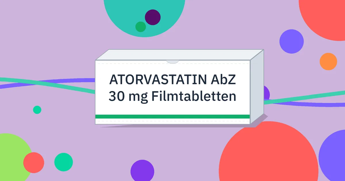 Symbolbild: Packung mit der Aufschrift ATORVASTATIN AbZ 30 mg Filmtabletten (PZN 09924591) – Verfügbarkeit und Bezug in Apotheken in Frankfurt am Main
