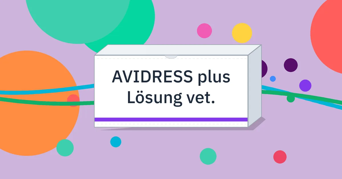 Symbolbild: Packung mit der Aufschrift AVIDRESS plus Lösung vet. (PZN 04845237) – Verfügbarkeit und Bezug in Apotheken in Frankfurt am Main