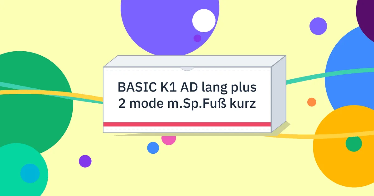 Symbolbild: Packung mit der Aufschrift BASIC K1 AD lang plus 2 mode m.Sp.Fuß kurz (PZN 20257652) – Verfügbarkeit und Bezug in Apotheken in Frankfurt am Main