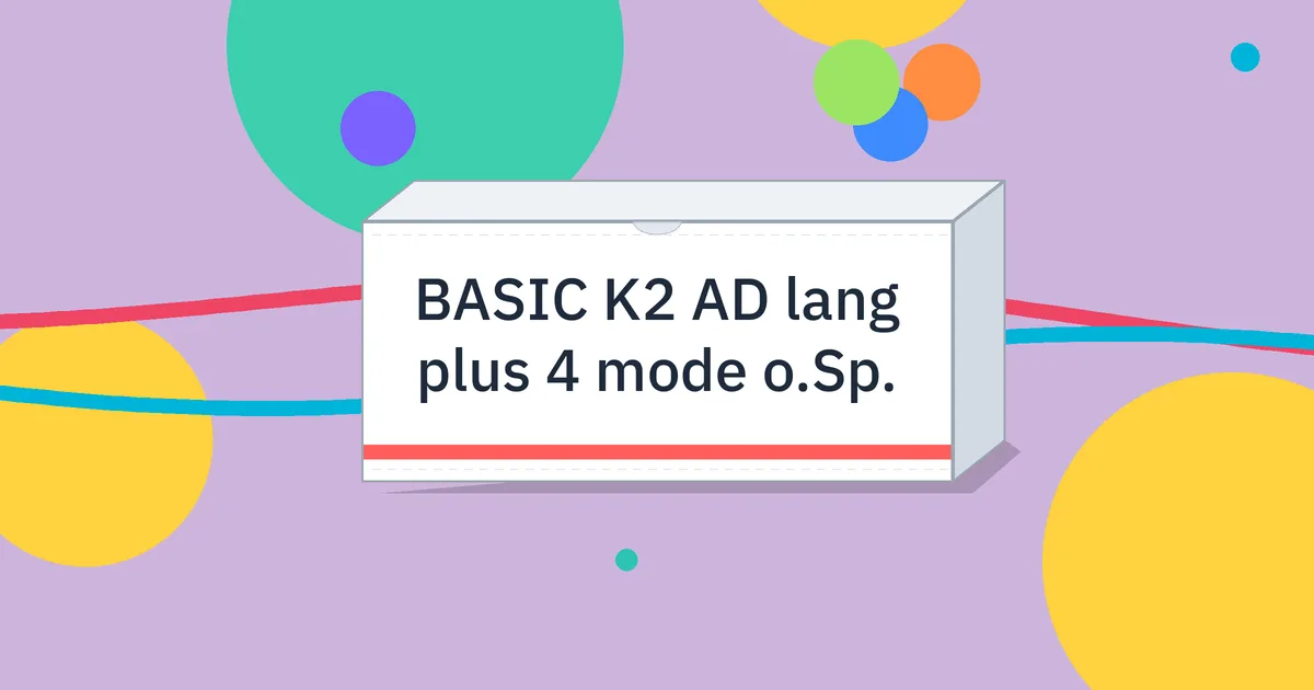 Symbolbild: Packung mit der Aufschrift BASIC K2 AD lang plus 4 mode o.Sp. (PZN 20265048) – Verfügbarkeit und Bezug in Apotheken in Frankfurt am Main