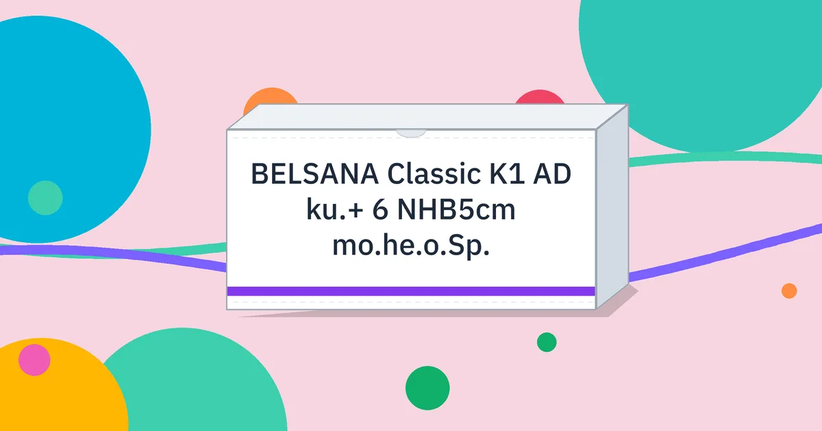 Symbolbild: Packung mit der Aufschrift BELSANA Classic K1 AD ku.+ 6 NHB5cm mo.he.o.Sp. (PZN 19257233) – Verfügbarkeit und Bezug in Apotheken in Frankfurt am Main