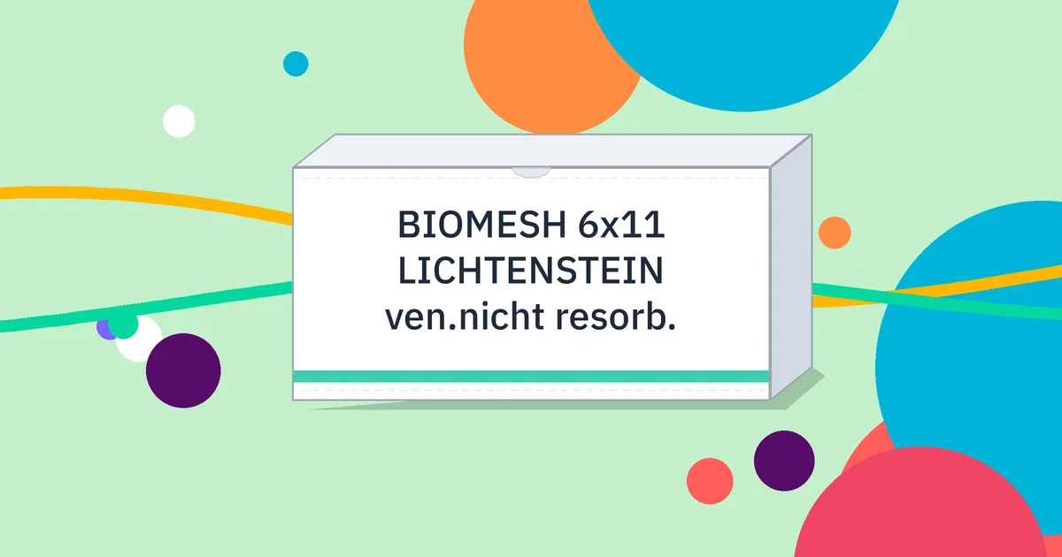 Symbolbild: Packung mit der Aufschrift BIOMESH 6x11 LICHTENSTEIN ven.nicht resorb. (PZN 19504677) – Verfügbarkeit und Bezug in Apotheken in Frankfurt am Main