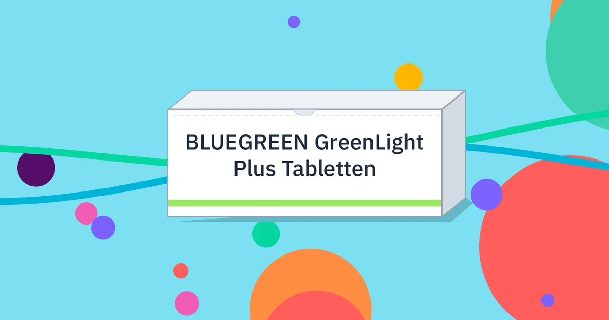 Symbolbild: Packung mit der Aufschrift BLUEGREEN GreenLight Plus Tabletten (PZN 04968649) – Verfügbarkeit und Bezug in Apotheken in Frankfurt am Main