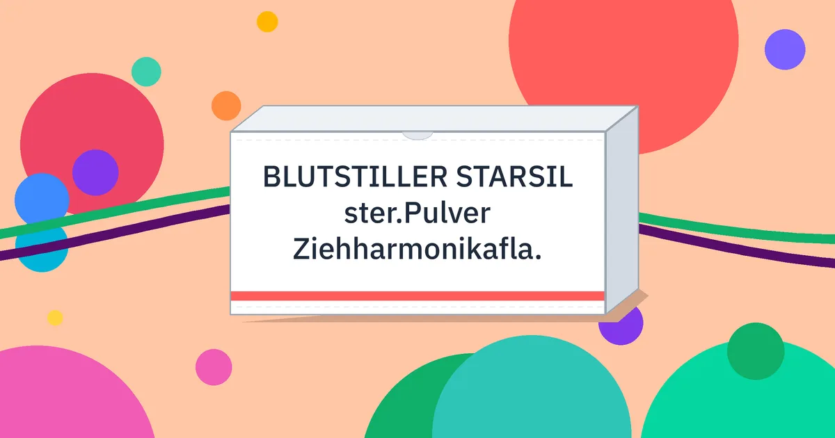 Symbolbild: Packung mit der Aufschrift BLUTSTILLER STARSIL ster.Pulver Ziehharmonikafla. (PZN 16017793) – Verfügbarkeit und Bezug in Apotheken in Frankfurt am Main