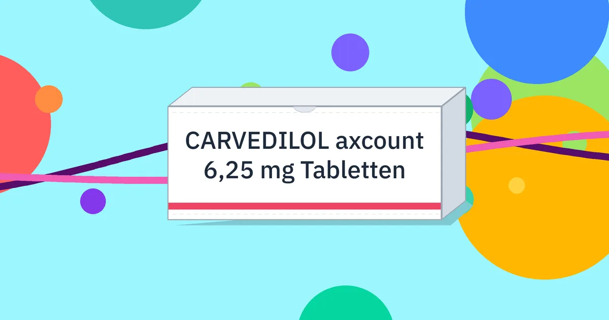 Symbolbild: Packung mit der Aufschrift CARVEDILOL axcount 6,25 mg Tabletten (PZN 05513796) – Verfügbarkeit und Bezug in Apotheken in Frankfurt am Main