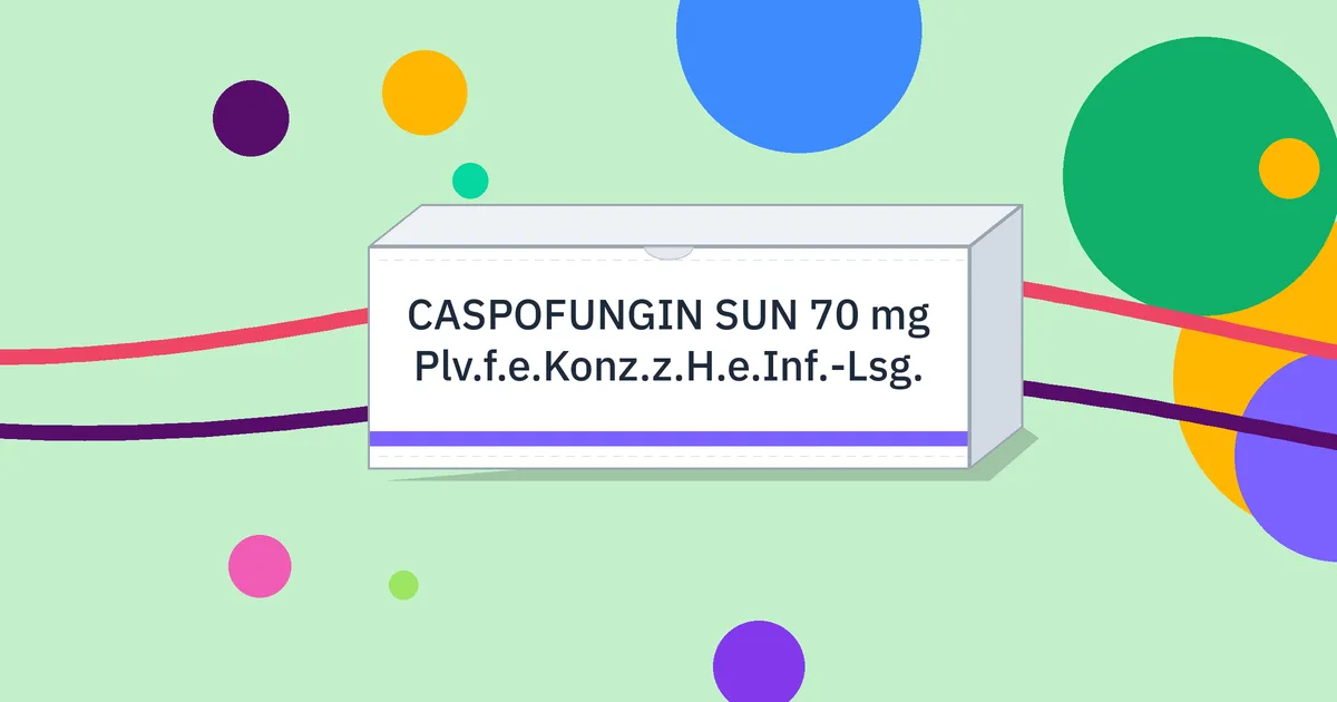 Symbolbild: Packung mit der Aufschrift CASPOFUNGIN SUN 70 mg Plv.f.e.Konz.z.H.e.Inf.-Lsg. (PZN 12657455) – Verfügbarkeit und Bezug in Apotheken in Frankfurt am Main