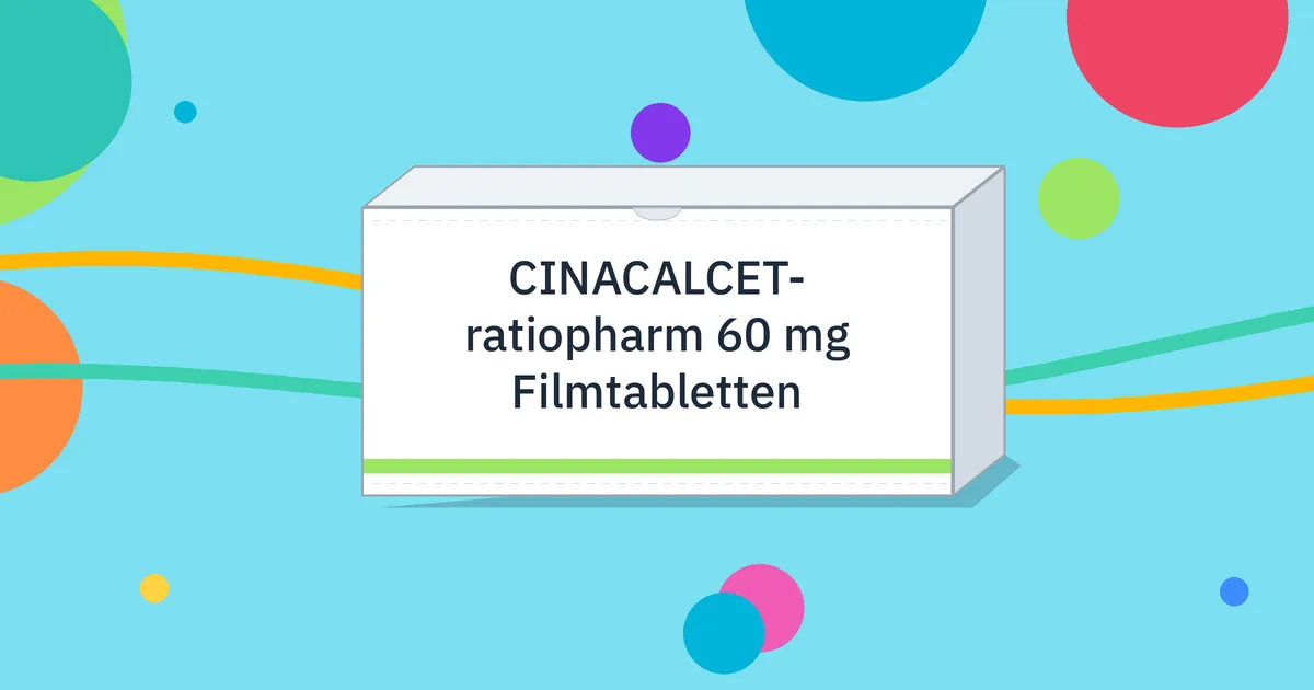 Symbolbild: Packung mit der Aufschrift CINACALCET-ratiopharm 60 mg Filmtabletten (PZN 16129954) – Verfügbarkeit und Bezug in Apotheken in Frankfurt am Main