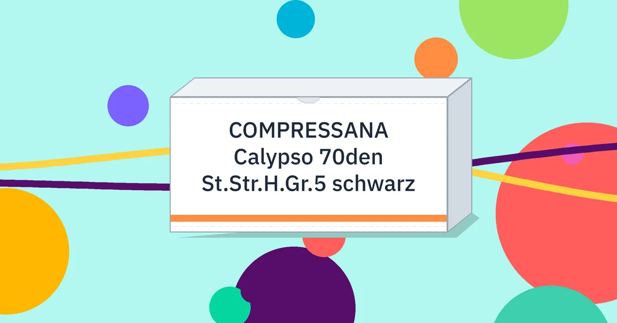 Symbolbild: Packung mit der Aufschrift COMPRESSANA Calypso 70den St.Str.H.Gr.5 schwarz (PZN 07718930) – Verfügbarkeit und Bezug in Apotheken in Frankfurt am Main