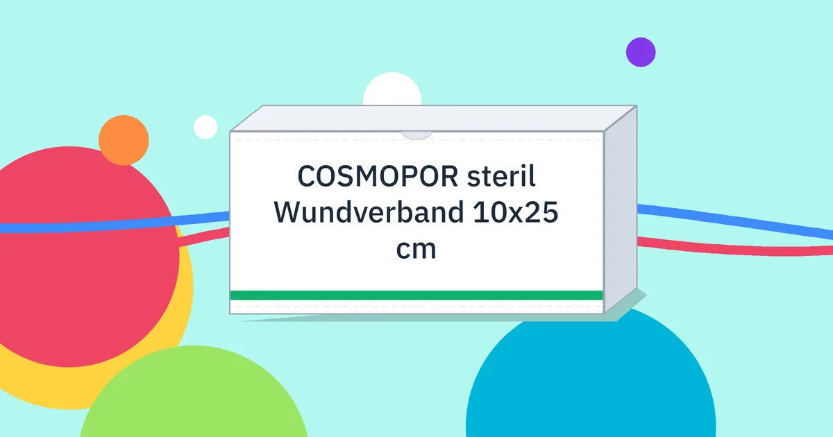 Symbolbild: Packung mit der Aufschrift COSMOPOR steril Wundverband 10x25 cm (PZN 04302086) – Verfügbarkeit und Bezug in Apotheken in Frankfurt am Main