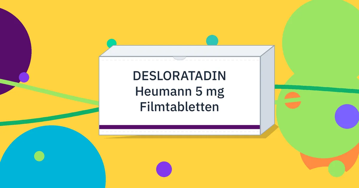 Symbolbild: Packung mit der Aufschrift DESLORATADIN Heumann 5 mg Filmtabletten (PZN 16938174) – Verfügbarkeit und Bezug in Apotheken in Frankfurt am Main